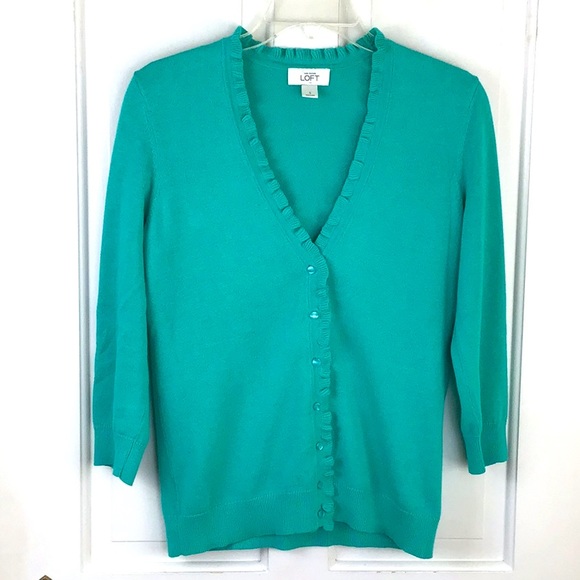 LOFT | Sweaters | Loft 0 Cotton Cardigan Sweater Turquoise Ruffle ...